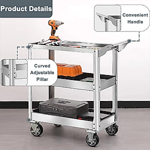 3-Tier Stainless Steel Utility Cart, 1100 lbs Heavy Duty Service Cart with Wheels, Rolling Tool Cart on Wheels, Work Cart for Mechanic, Garage, Workshop, Warehouse, 18.1" D x 30.7" W x 36.2" H