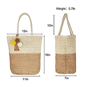 Hirooms Women Beach Bag Straw Woven Shoulder Bag Tote Bag Crossbody Bucket Handbags Summer Handmade Hobo Purse Bamboo Handle (Two-tone Tote-Khaki)