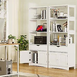 Kitchen Pantry Storage Cabinets Freestanding Tall Bathroom with Shelves and Drawer 64''H Sideboard Storage Cabinet with Microwave Space Cupboard Storage Organizer for Home Office,White