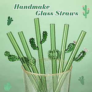 6 Pcs Reusable Glass Straws with Design, 8 mm x 7.9 Inches Cactus on Green Straws Straight Glass Cactus Straws with Cleaning Brush for Smoothie Cocktail Juice Shakes Beverages