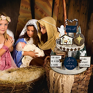 Bucherry 1 Sets Christmas Christian Jesus Nativity Tiered Tray Decor Farmhouse Nativity Decor Angels Mangers Jesus' Birth Wooden Christian Decor for Home Table Mantel