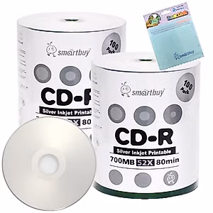 Smartbuy 200-disc 700mb/80min 52x CD-R Silver Inkjet Hub Printable Blank Media Disc + Free Micro Fiber Cloth