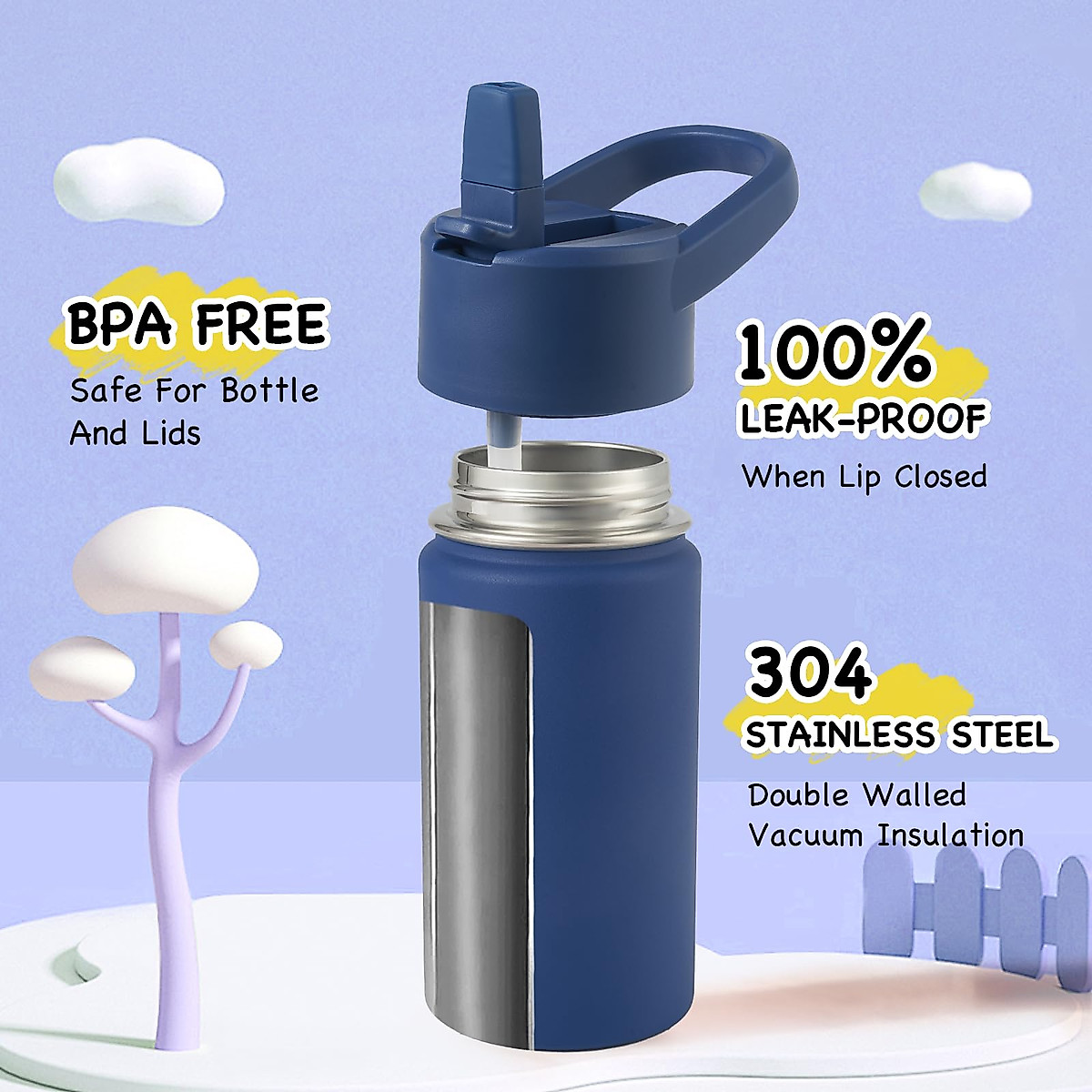 Fijinhom 12oz Kids Water Bottle for School Boys&Girls, Leak-Proof Toddler Water Bottle, Stainless Steel Vacuum Insulated Bottle with Straws Lids, Navy blue