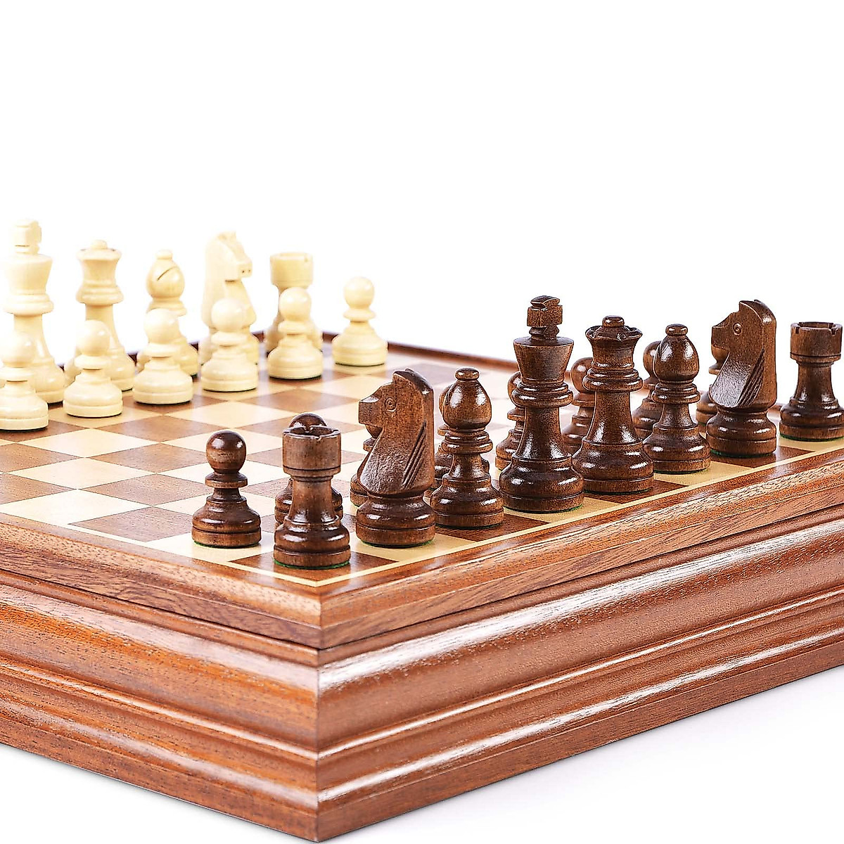 VAMSLOVE Chess and Checkers Board Game Sets for Adults Wooden Deluxe 15 inch Wood Board Box with Storage, Classic 2 in 1 Large Size with Chess Pieces - 3” King Height - 2 Extra Queens