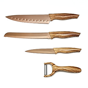 MAOMIDA Knife Set - Luxury rose Gold kitchen Knife set, titanium coated 4 piece stainless steel hollow handle golden kitchen knife set wood grain knife