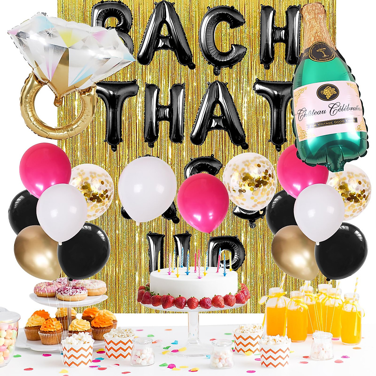 zrjssyp Bachelorette Party Decor Black and Gold - Bach That Balloon Banner, Champagne Glass Balloon, Diamond Ring Balloon, Bride To Be Sash, Tinsel Curtains for Brunch Bridal Shower Hen Party Decor