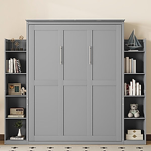 Merax Queen Size Murphy Bed, Queen Wall Bed Frame with Shelves and LED Lights, Gray