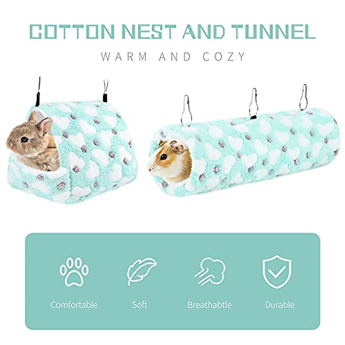 Tiibot 3 Pieces Small Pet Cage Accessories Small Pet Cage Hammock Hanging Tunnel and Bed Hideout Set Guinea Pig Cage Bedding Hanging Bed Cage and Hideout Tunnel for Hamster Squirrel Rabbit