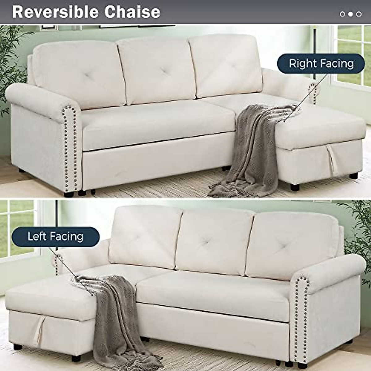 L-Shape Convertible Sectional Sofa with Pull Out Bed,Velvet Upholstery Corner Couch with Storage Chaise Lounge,3 Seater Comfy Small Sofabed with Rivets Dec for Living Room, Home, Apartment