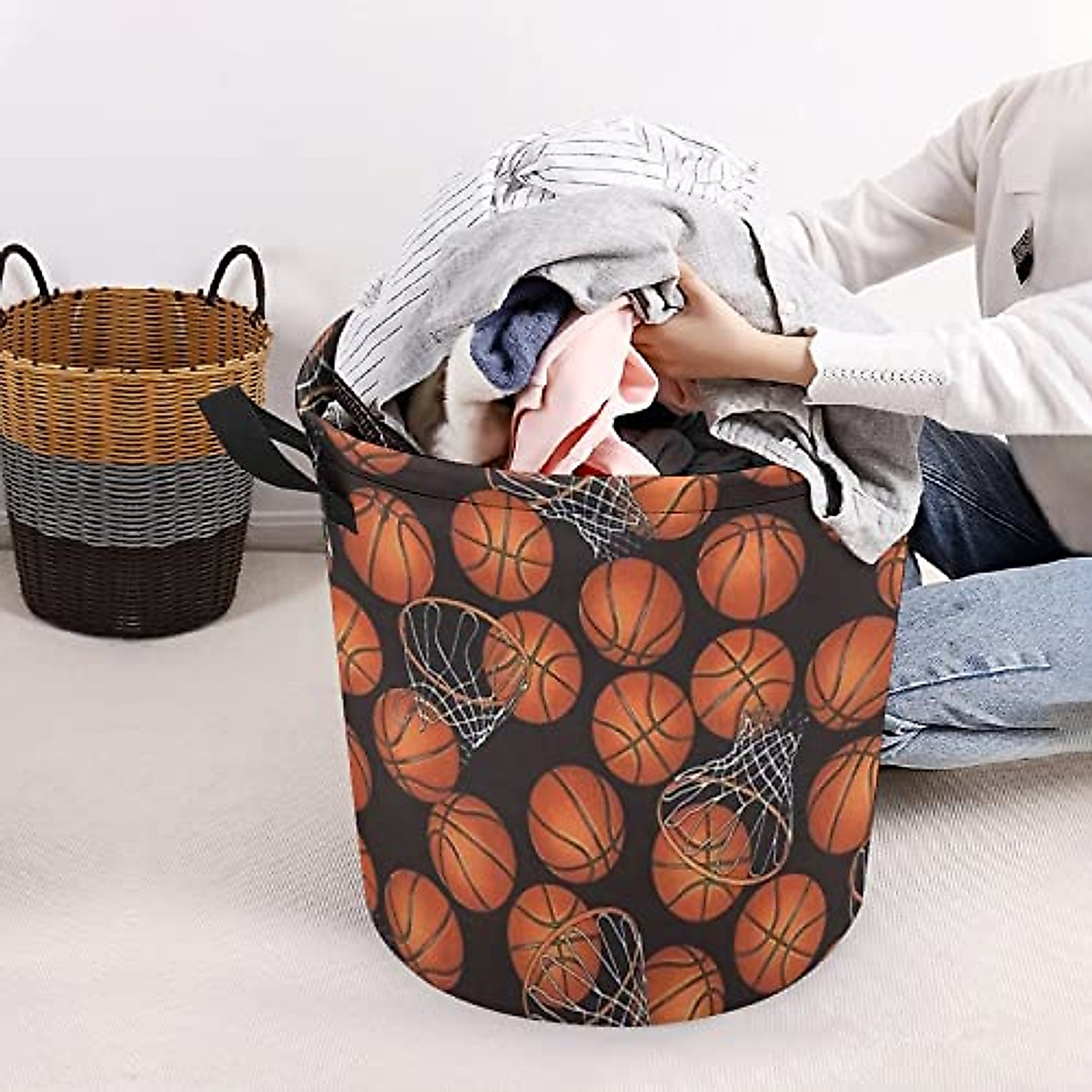 Basketball Sport Large Laundry Basket Hamper Bag Washing with Handles for College Dorm Portable