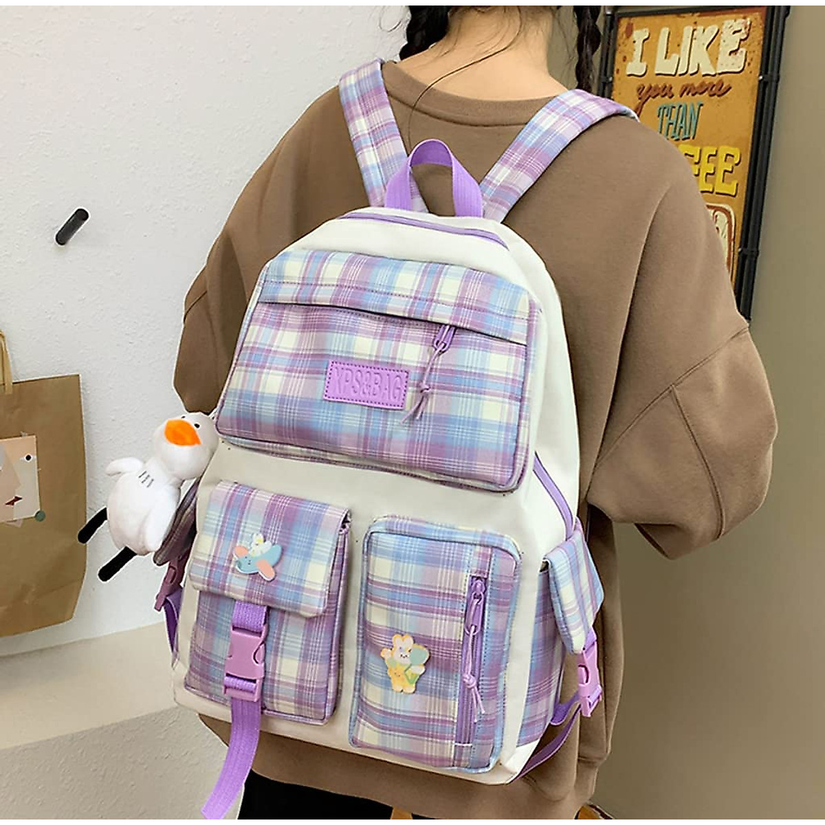 SodaMeow Kawaii Backpack with Pins and Accessories Kawaii Backpack Set Cute Aesthetic Backpack Kawaii Work Supplies (Purple)