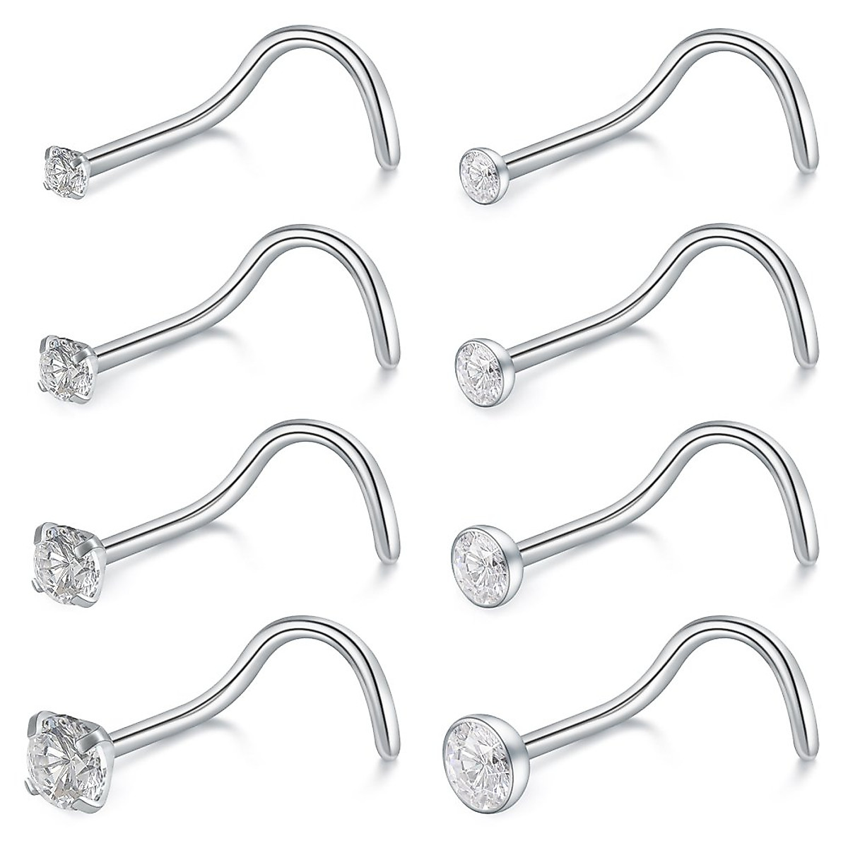 SCERRING 18G 8PCS Stainless Steel Screw Bend Nose Stud Rings Piercing Jewelry 1.5mm 2mm 2.5mm 3mm Clear Cubic Zirconia