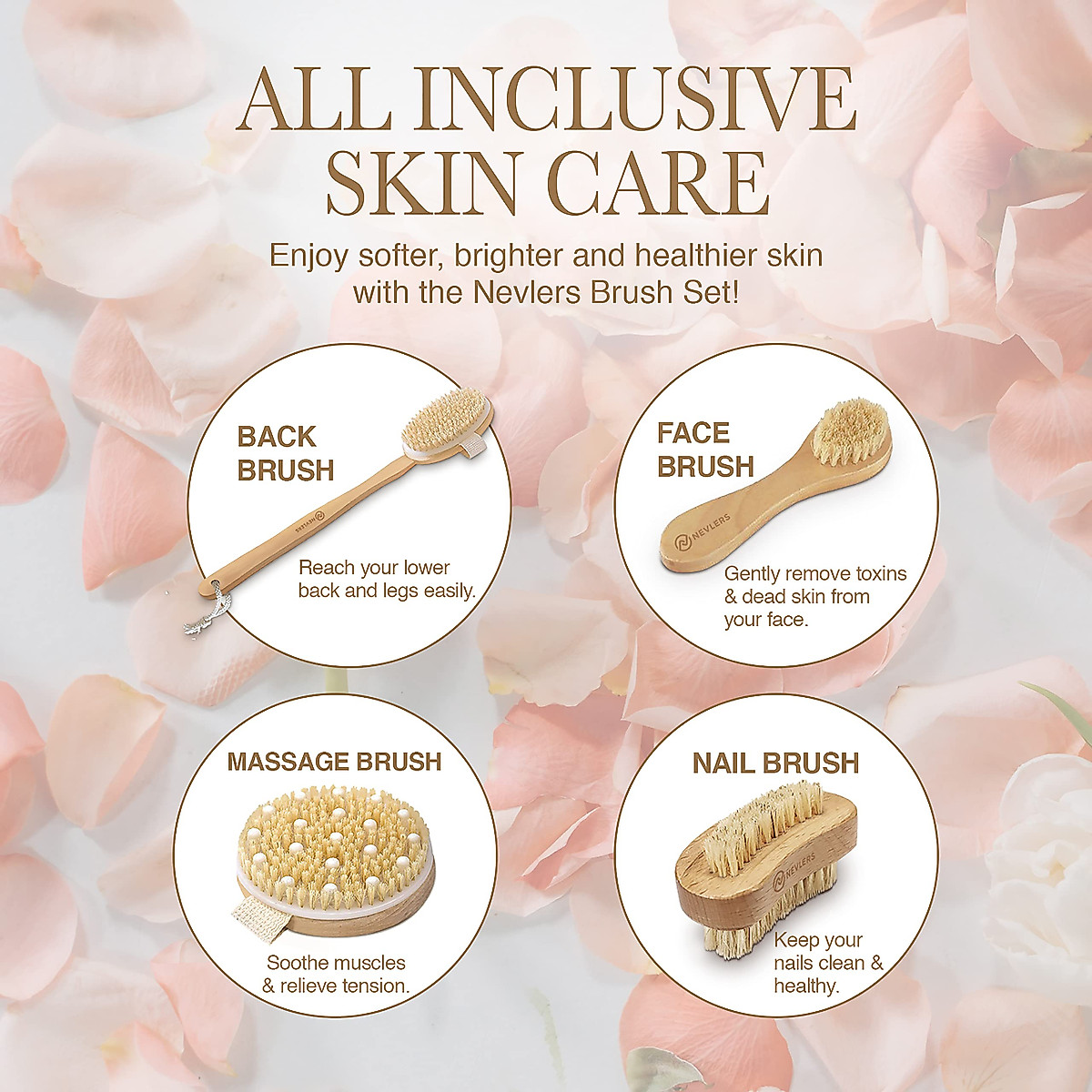 Nevlers Natural Boar Bristle Body Brush Set with Detachable Cellulite Massage Brush and Long Wooden Handle for Dry Brushing Perfect Kit to Exfoliate and Get Rid of Cellulite