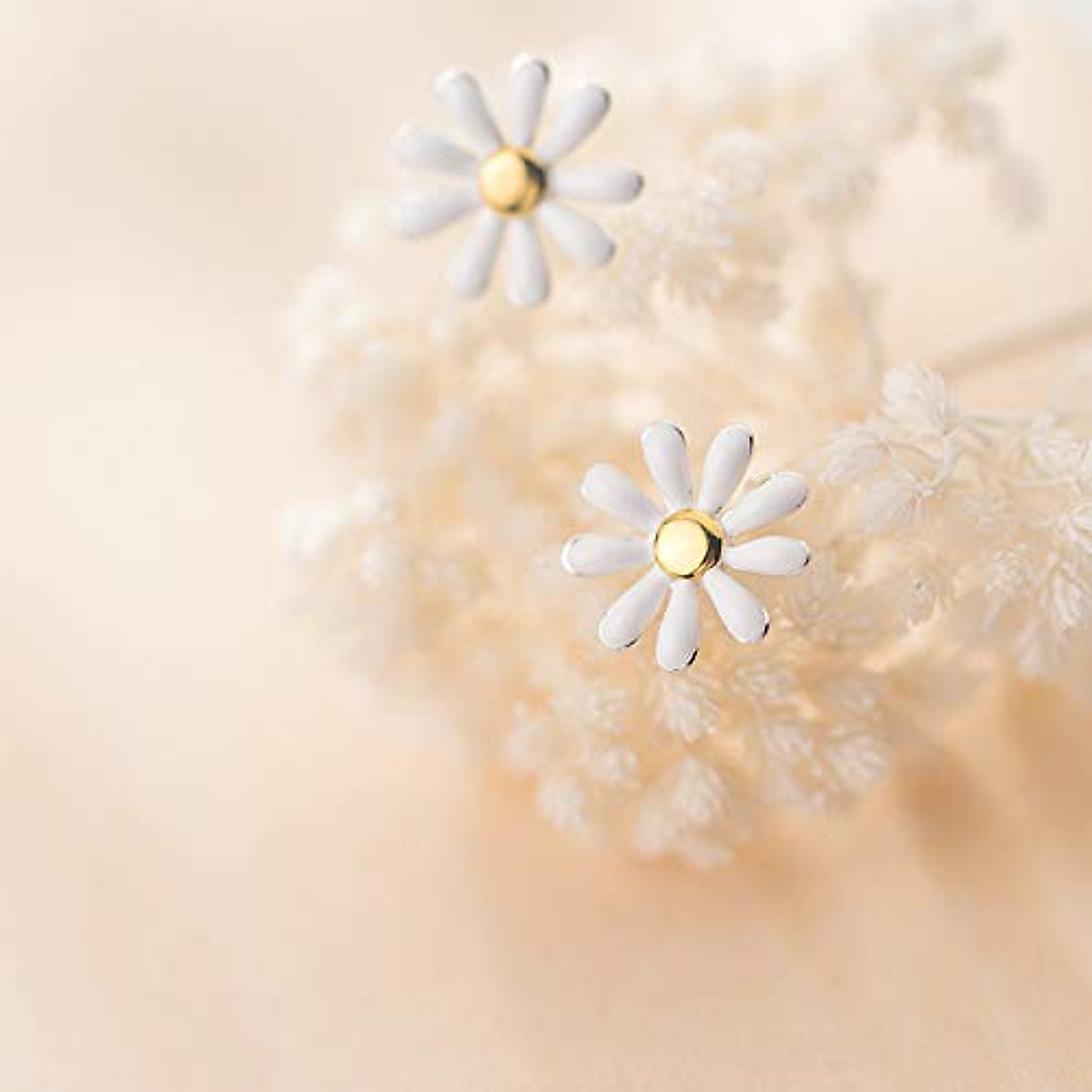 Flower Earring Stud, Mariafashion Sterling Silver Two-Tone White Daisy Flower Earrings Hypoallergenic Post Earrings for Women Girls Kids
