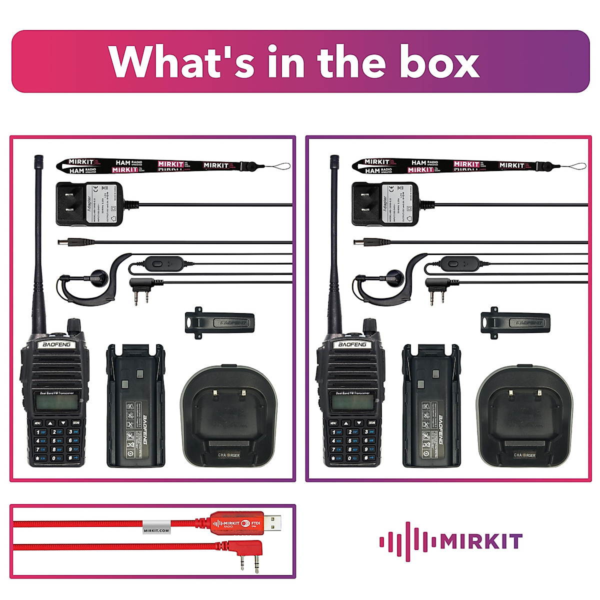 Mirkit 2Х BAOFENG UV-82 MK5 8W Max Power Ham Radio VHF/UHF 144-148/420-450MHz Walkie Talkies with 2800mAh Li-ion Baofeng Battery Pack, Baofeng Programming Cable & Mirkit Lanyards
