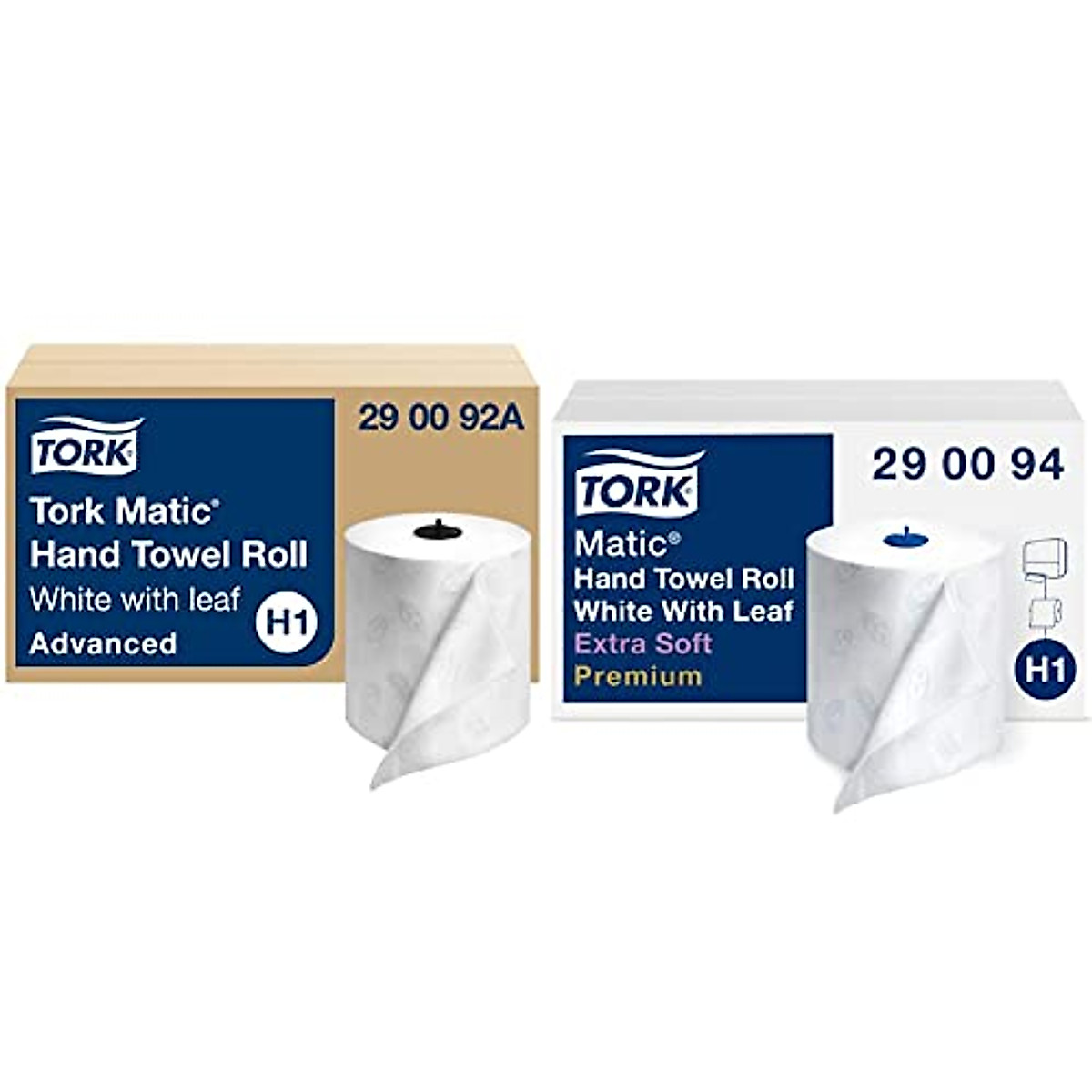 Tork Matic Hand Towel Roll, White With Gray Leaf, Advanced, H1, Medium Capacity, 2-Ply, 6 Rolls x 525 ft & Matic Extra Soft Paper Hand Towel Roll White with Blue Leaf H1, 6 Rolls x 300 ft, 290094