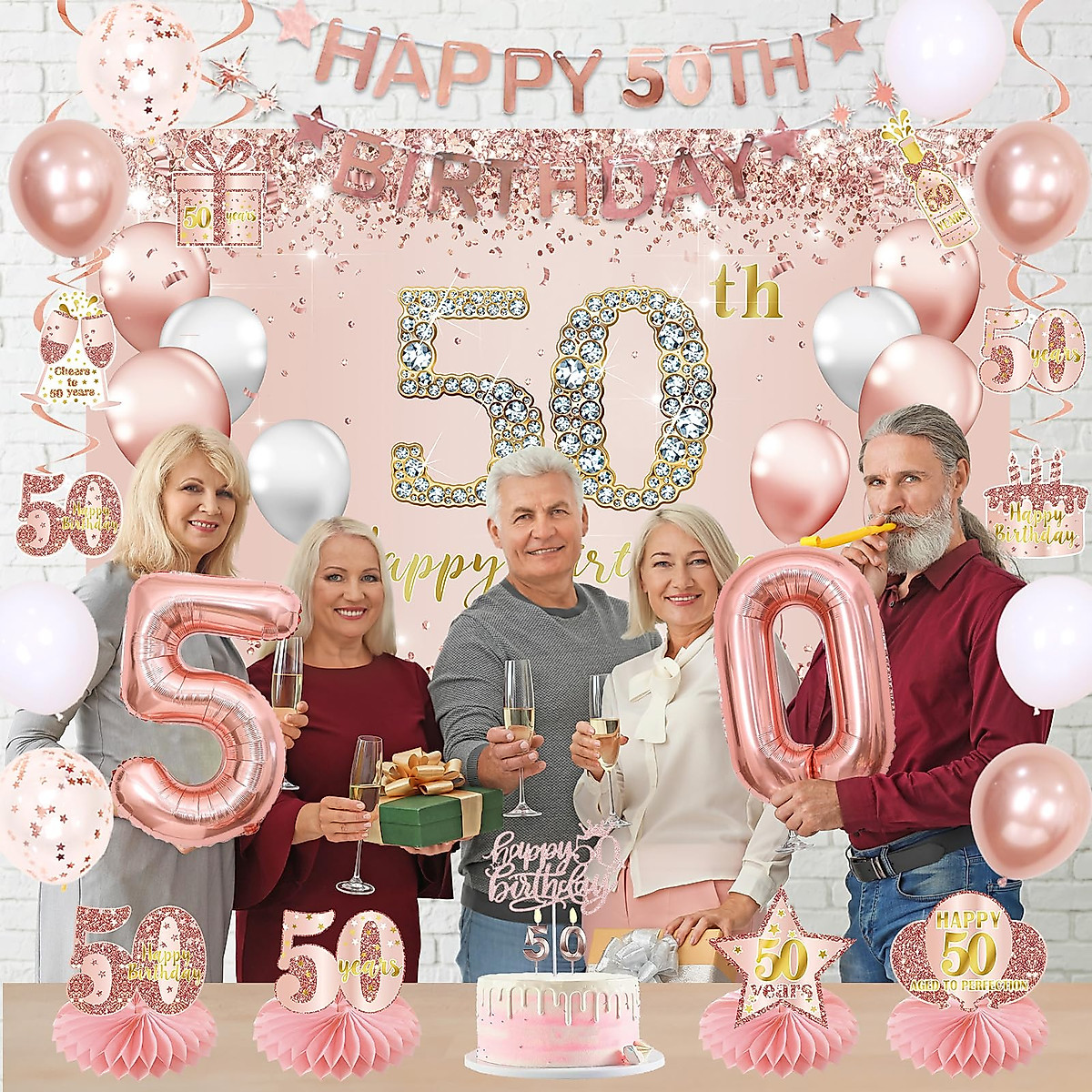 Trgowaul 50th Birthday Decorations for Women,23pcs Rose Gold Happy Birthday Party Supplies,Backdrop, Hanging Swirl Flag,Birthday Balloons,50 Year Old Birthday Set