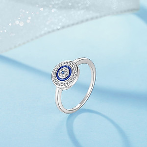 Round Blue Evil Eye Band Ring in Sterling Silver 925 Cubic Zirconia & Enamel[Size 6]