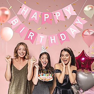 Pink Happy Birthday Banner Birthday Party Banner NO DIY Happy Birthday Sign Pre-Strung Birthday Hanging Decoration for Women Men Girl Boy Birthday Party Supplies (Pink)