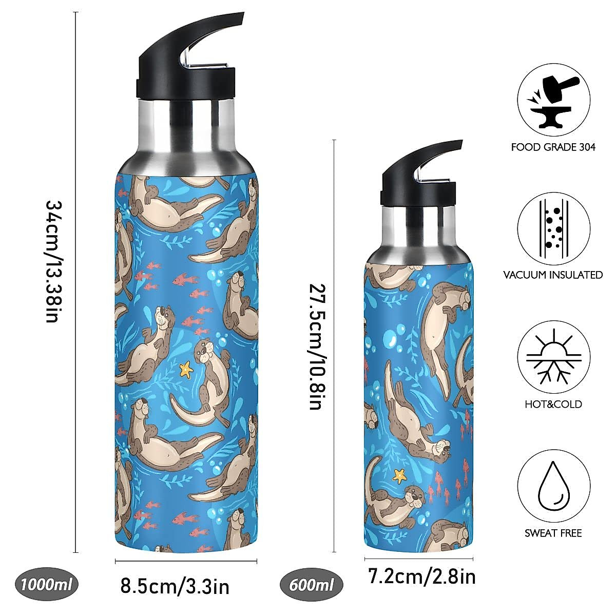 Glaphy Cute Sea Otters Pattern Water Bottle with Straw Lid, BPA-Free, 20 oz Water Bottles Insulated Stainless Steel, for School, Office, Gym, Sports, Travel
