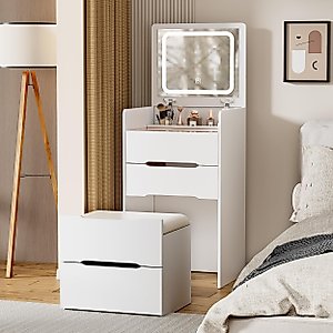 PAKASEPT 3 in 1 Vanity Desk with Plip Top Mirror, Small Make Up Vanity Set with Visible Glass Desktop, Compact with 3 Drawers,Cushioned Tool,Dressing Table for Bedroom
