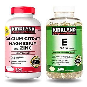Kirkland Signature – Calcium Citrate, Magnesium and Zinc 500 Tablets + Vitamin E 400IU, 500 Softgels (Bundle of 2 Units Total)