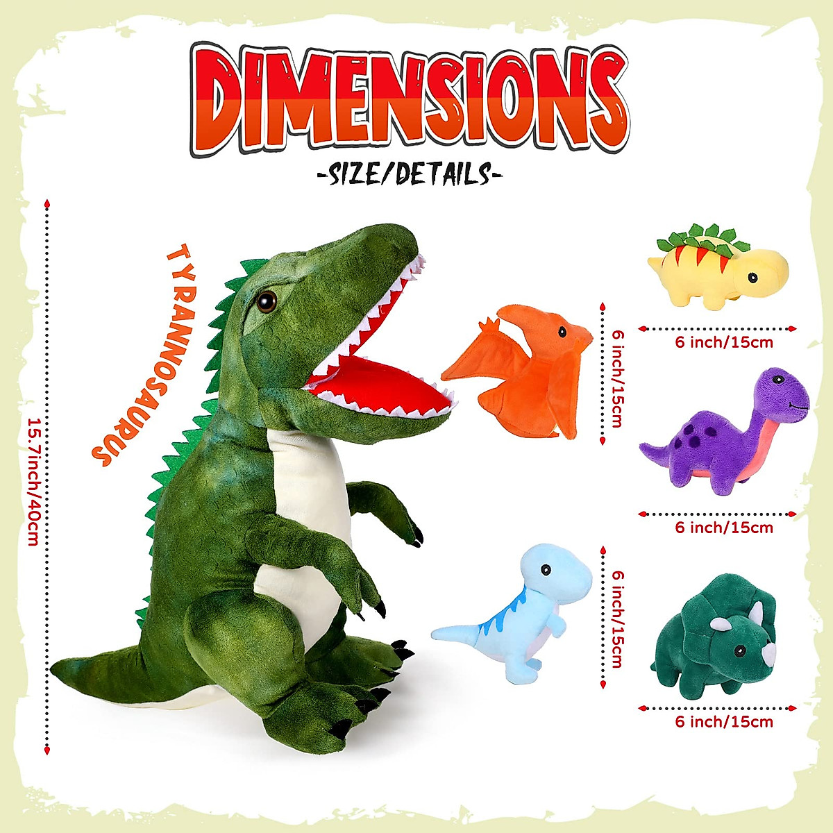 Chalyna 15.7 Inch Plush Dinosaur Plush Stuffed Animal with 5 Cute Little Dinosaurs in Tummy Carrier Baby Dinosaur Gift Set Kid Soft Cuddly Stuffed Pillow for Birthday Valentines Party Favor