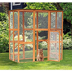 PawHut Outdoor Cat House Big Catio Wooden Feral Cat Shelter Enclosure with Large Spacious Interior, 6 High Ledges, Weather Protection Asphalt Roof, 71" L, Orange