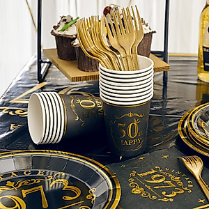 50th Birthday Party 122 PCS Plates Forks Cups Napkins and Tablecloths - Disposable Paper Dinnerware Set Women Men Vintage 1973 Party 50 Years Old Retirement Party Tableware Serves 24 Guests