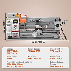 VEVOR Mini Metal Lathe Machine, 7'' x 16'', 800W Precision Benchtop Power Metal Lathe, 150-2500 RPM Continuously Variable Speed, with 3.9'' 3-jaw Metal Chuck Tool Box for Processing Precision Parts