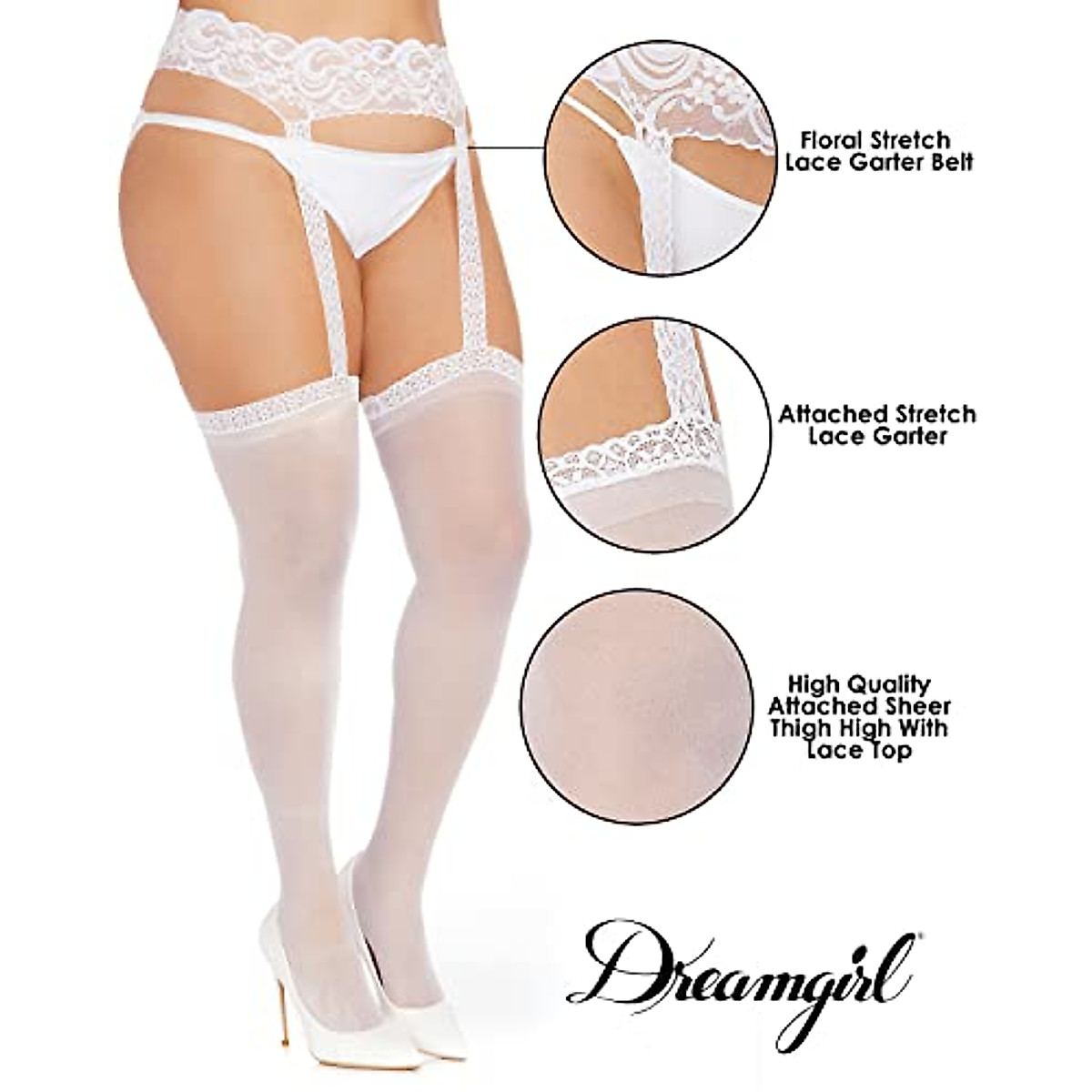 Dreamgirl Women's Sheer Thigh High Pantyhose Hosiery Nylons Stockings with Comfort Lace Top Anti-Slip Silicone Elastic Band, White, One Size Plus/Queen