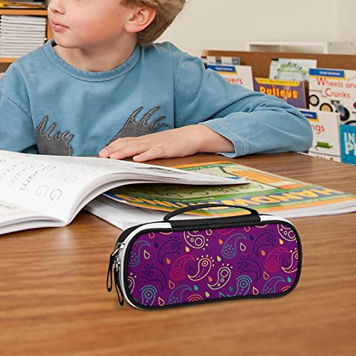 Abstract Paisley Pattern PU Leather Pencil Pen Case Organizer Travel Makeup Handbag Portable Stationery Bag