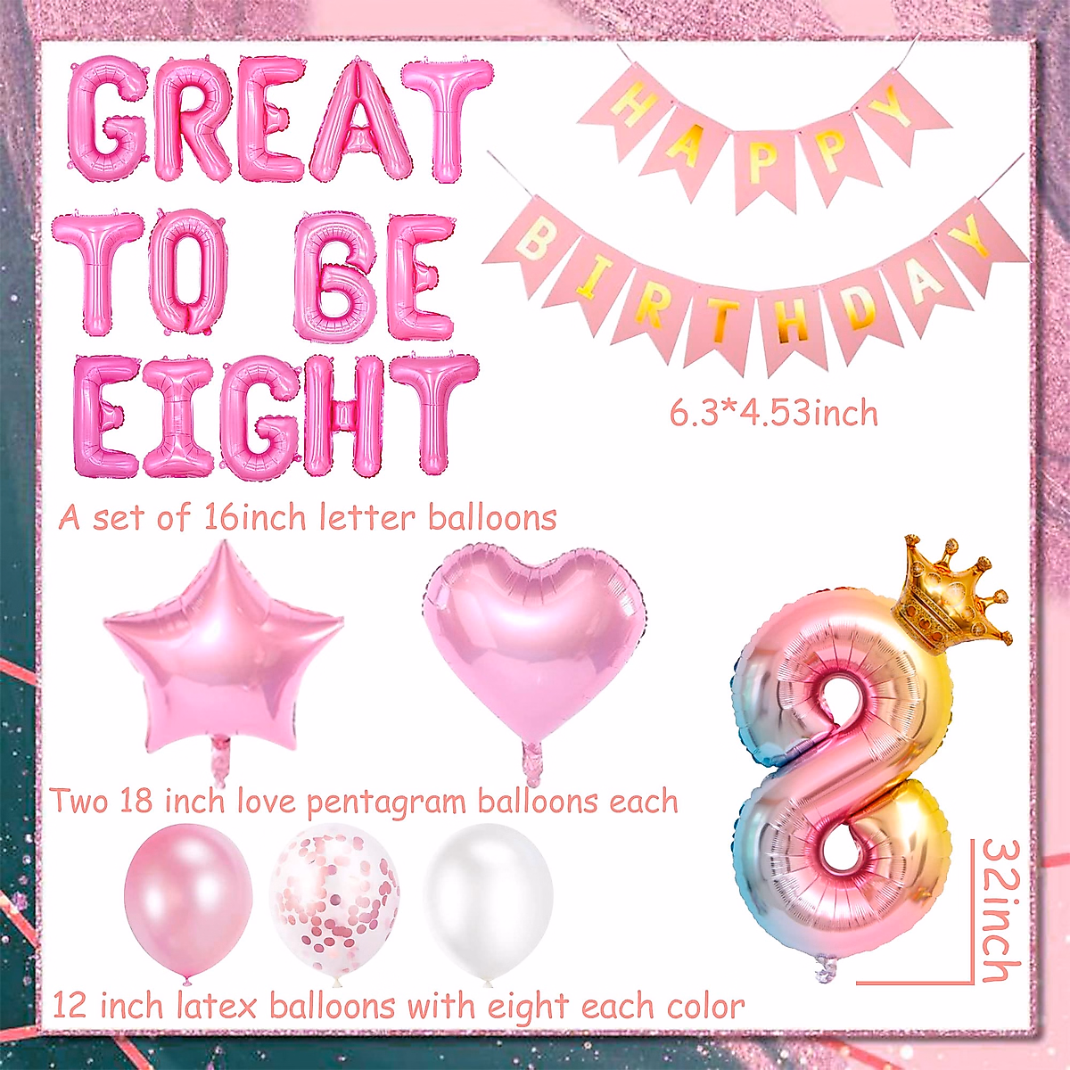 42 PCS Great to Be Eight Birthday Decoration Girls Eight is Great Birthday Balloons 8 Years Old Birthday Decoration Girls 8th Birthday Decoration