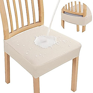 smiry Waterproof Seat Covers for Dining Room Chairs Set of 4, Stretch Jacquard Removable Washable Chair Seat Slipcovers Protector, No Rear Covers, Beige
