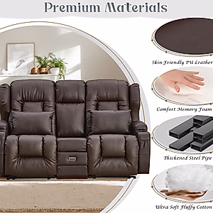 URRED Loveseat Recliner Sofa for Living Room, 67" RV Loveseat Sofa Home Theater Seating with Flipped Backrest Console, Wall Hugger, Hide Storage, Cup Holders (Faux Leather, Brown)