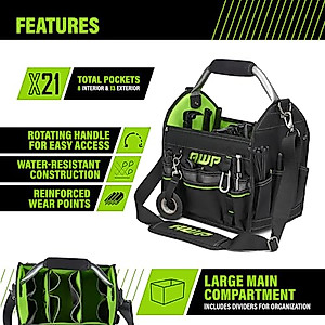 AWP 12 Inch Pro Tool Tote with Rotating Handle for Easy Tool Access, Water-Resistant Construction, Black/Green