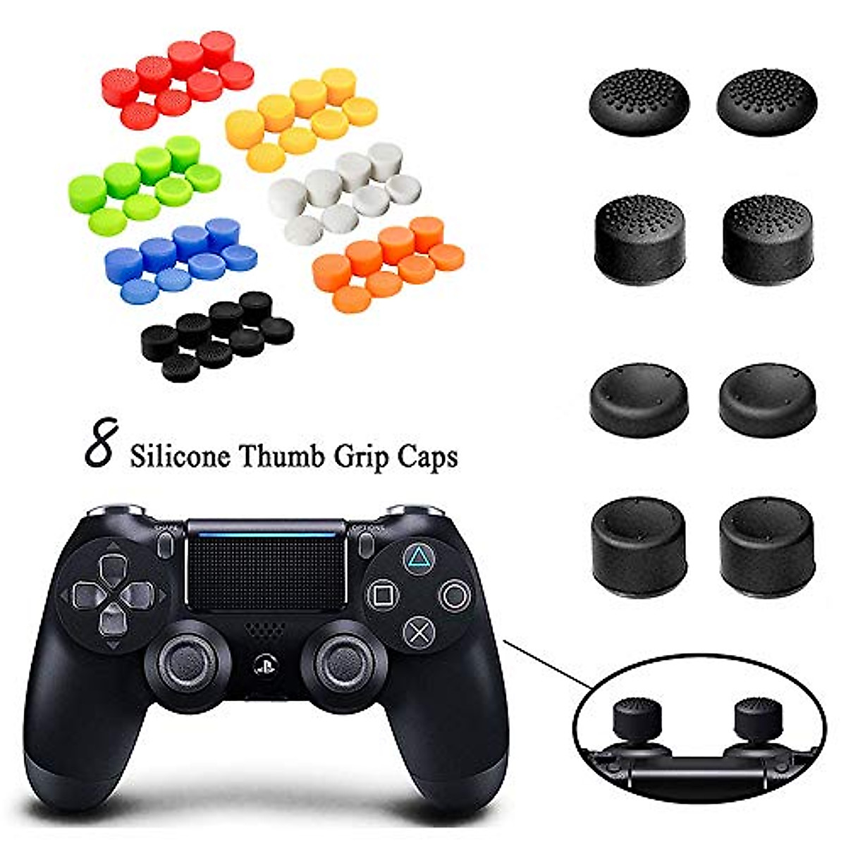8 Pcs Heightened Soft Silicone Anti-Slip Analog Joystick Thumb Grip Stick Cap Cover Case Skin Skid Heighten for Playstation 4 PS4 PS3 Xbox Controller (Black)