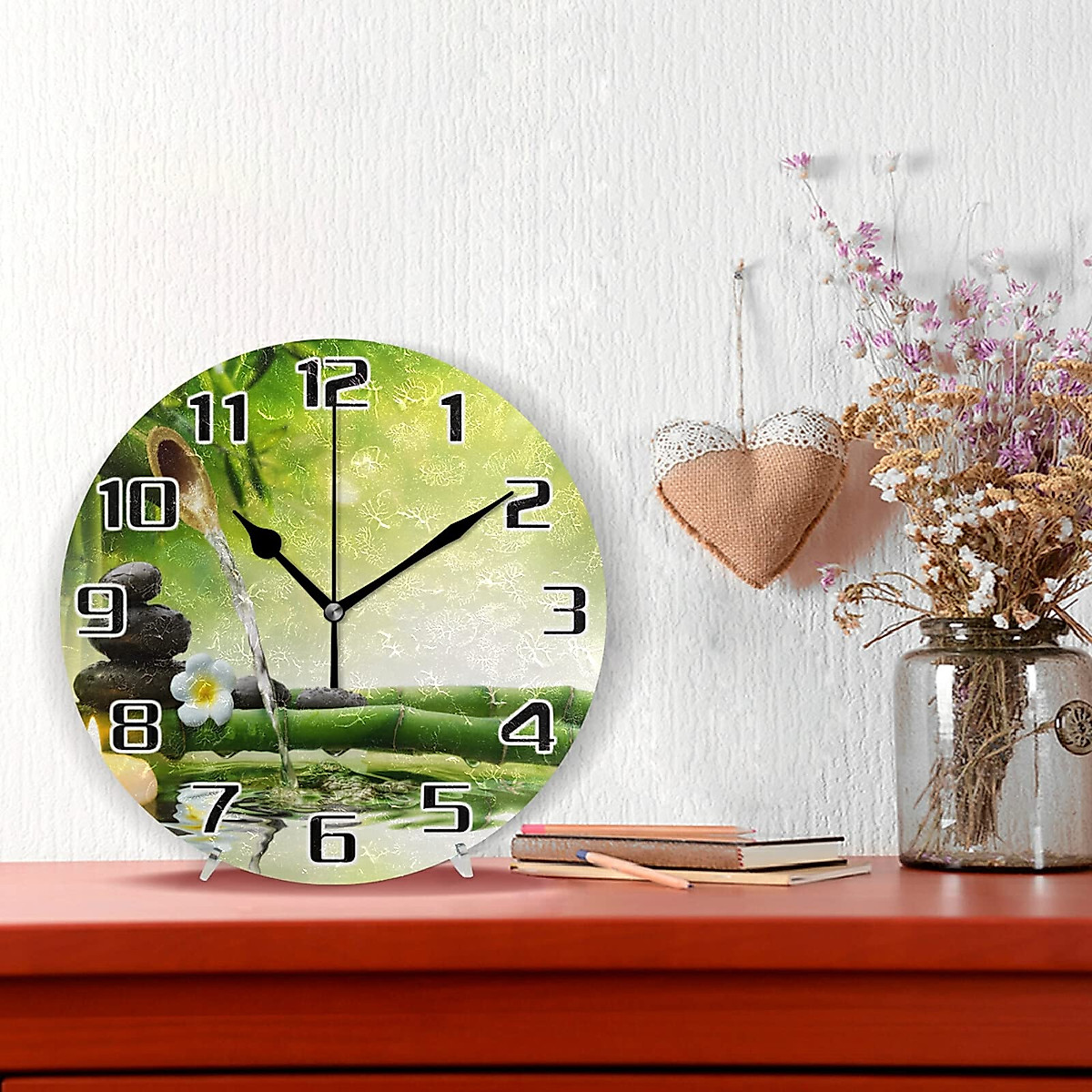 TropicalLife Flower Japanese Zen Wall Clock, Garden Stone Bamboo Silent Non Ticking Round Clock for Home Kitchen Bedroom Desktop Stand Bathroom Living Room Decor Office Classroom Clock Art 9.5 Inch