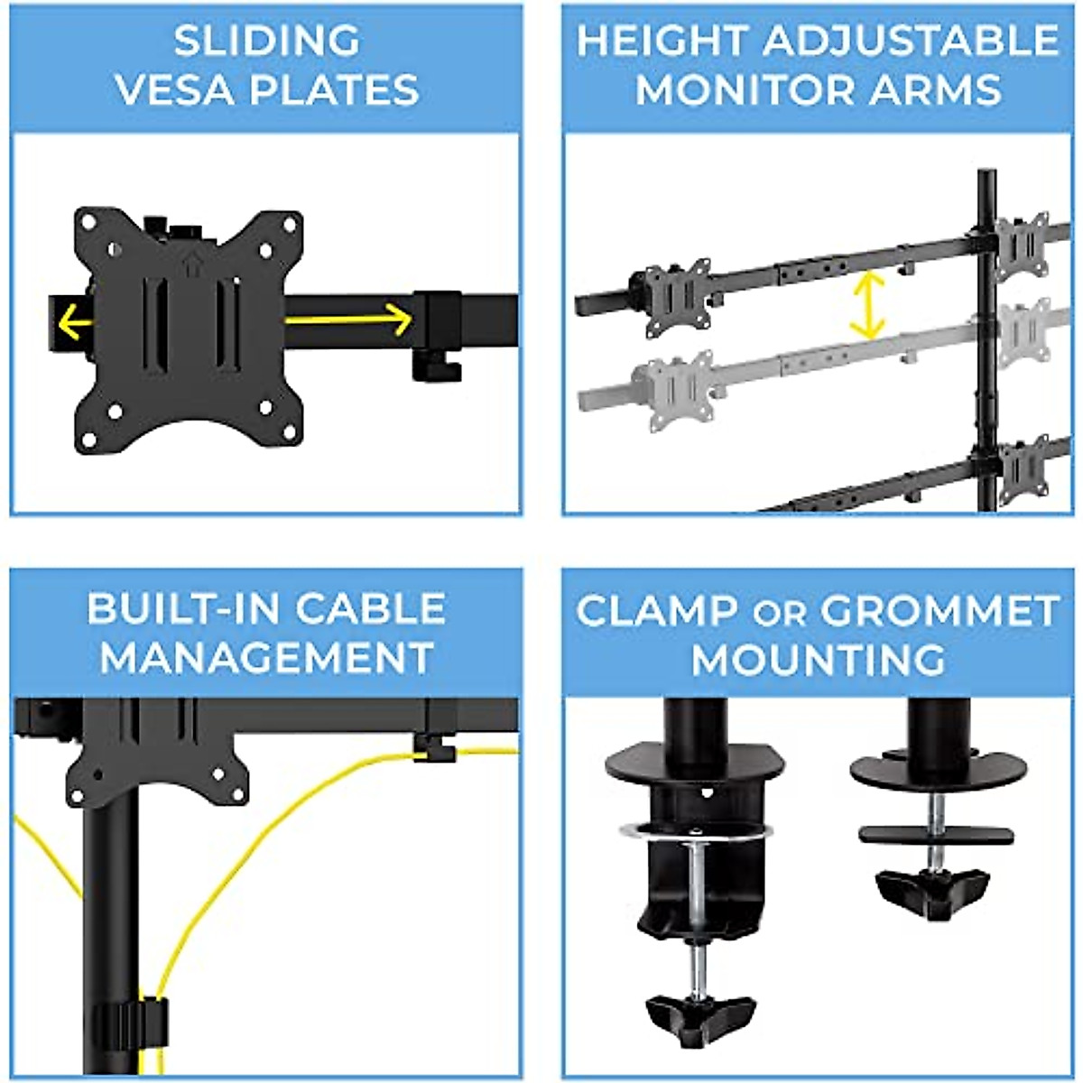 Stand Steady Clamp-On 6 Monitor Mount Desk Stand | Height Adjustable Monitor Stand with Full Articulation VESA Mount | Fits Most LCD/LED Monitors 17-27 Inches | Six Monitor Arm (Black)