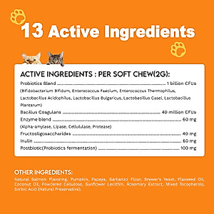 Munchy Chomps Probiotic Chews for Cats - Digestive & Immune Support with Prebiotics, Postbiotics & Enzymes - Promotes Gut Balance & Bowel Regularity (Salmon)