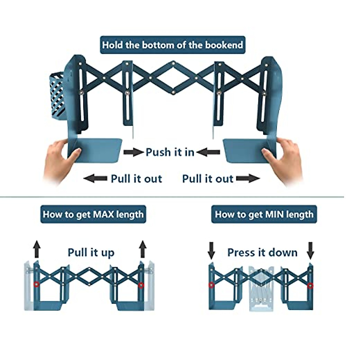 Adjustable Bookends,Metal Book Ends for Books Papers Magazines Albums DVDs Games Desks Binder Organizer Holder for Home, Office, Classroom, Library with Pen Holder.Extends up to 19 inches. (Blue)