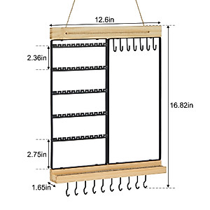Feyejade Hanging Jewelry Organizer, 5-Tier Wall Earring Holder with Wooden Ring Groove, Jewelry Rack Wall Mounted for Earrings, Necklaces, Bracelets and Rings, Jewelry Holder Stand