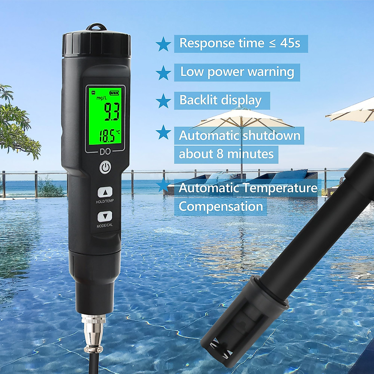 Rowyet Dissolved Oxygen Meter with ATC,Portable Dissolved Oxygen Test Kit Range 0.0-40mg/L,DO Meter with Electrode Filling Fluid,Water Test Kit for Swimming Pools,Aquarium,Fish Pond.