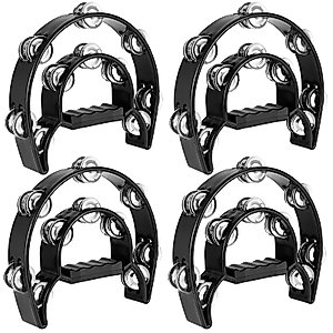 MUKLEI 4 Pack 9 Inch Double Row Tambourine, Half Moon Musical Tambourine, Metal Jingles Hand Held Percussion Drum with Ergonomic Handle Grip for KTV, Party, Gift, Black