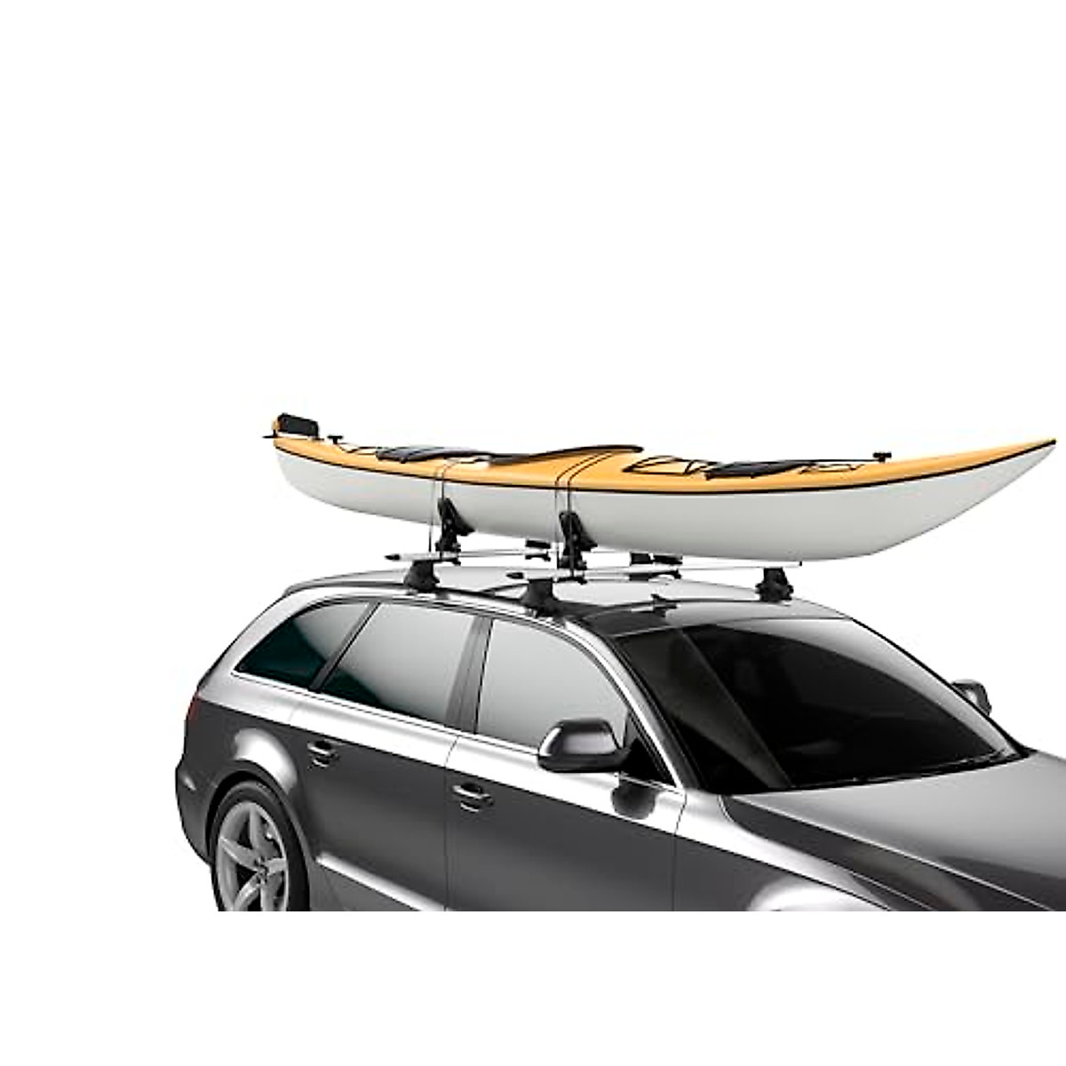 Thule DockGrip - Carries up to 36" wide kayaks and SUPs - Fits all hull shapes - Fits most roof rack cross bars - Kayak roof rack - Stand up paddleboard compatible - 85lb weight capacity