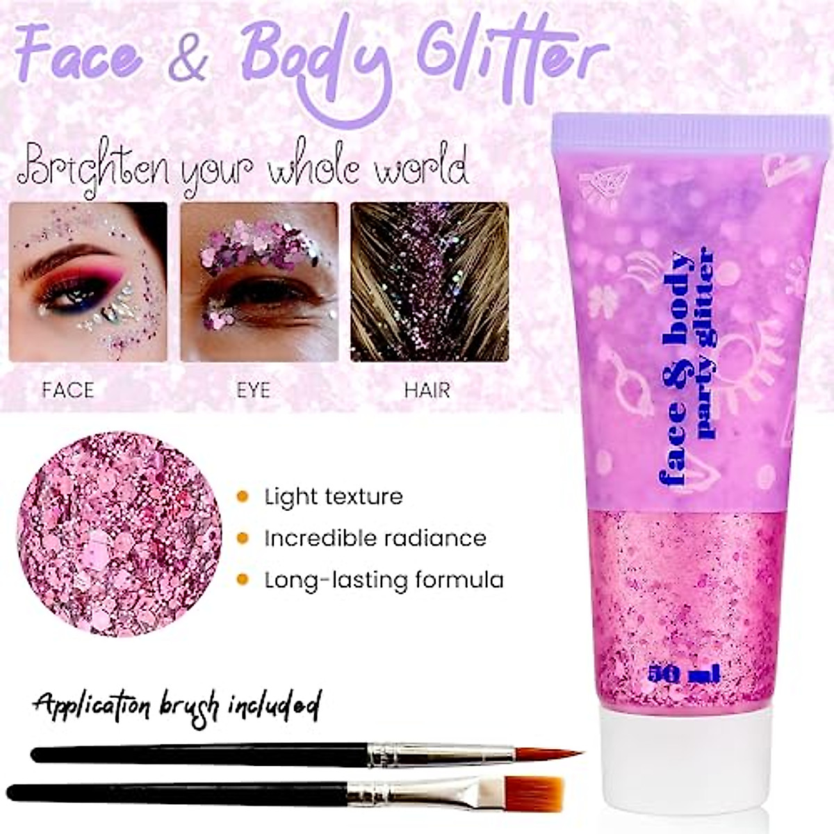 Pink Body Glitter Gel 1.76 Oz, Face Glitter Makeup Sequins Face Paint, Shimmer Liquid Eyeshadow, Sparkling Holographic Gel Lip, Long Lasting Hair Bling Bling Hair Gems, Nail Glitter Gel for Women