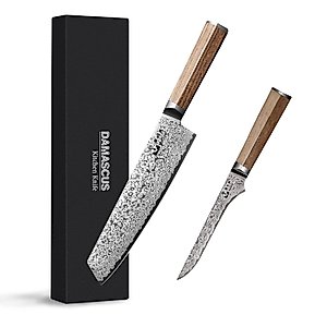 Kiritsuke Knife 8 inch, Deboning knife 5.5 inch Damascus VG-10 Super Steel 67-Layer Damascus with Hexagon Natural Wood Handle