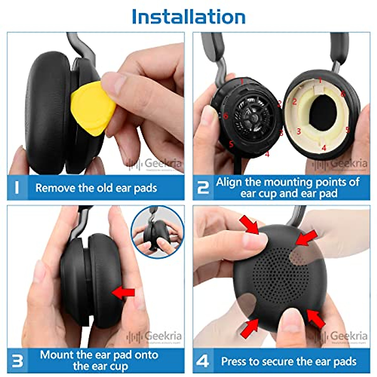 Geekria QuickFit Replacement Ear Pads for Jabra Evolve2 65 UC, Evolve2 65 MS, Evolve2 40 UC, Evolve2 40 MS, Elite 45h Headphones Ear Cushions, Headset Earpads, Ear Cups Cover Repair Parts (Black)