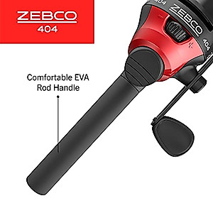 Zebco 404 Spincast Reel and Fishing Rod Combo, 5'6" 2-Piece Durable Fiberglass Rod with EVA Handle, Quickset Anti-Reverse Reel with Built-in Bite Alert, 28-Piece Tackle Pack,Black/Red
