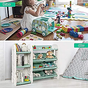 Costzon Kids Bookshelf with Toy Organizers and Storage, Multi-Purpose 4-Tier Shelf & 6 Removable Plastic Bins to Organize Books Toys, Toddler Bookcase for Playroom, Bedroom, Daycare, Nursery (Green)